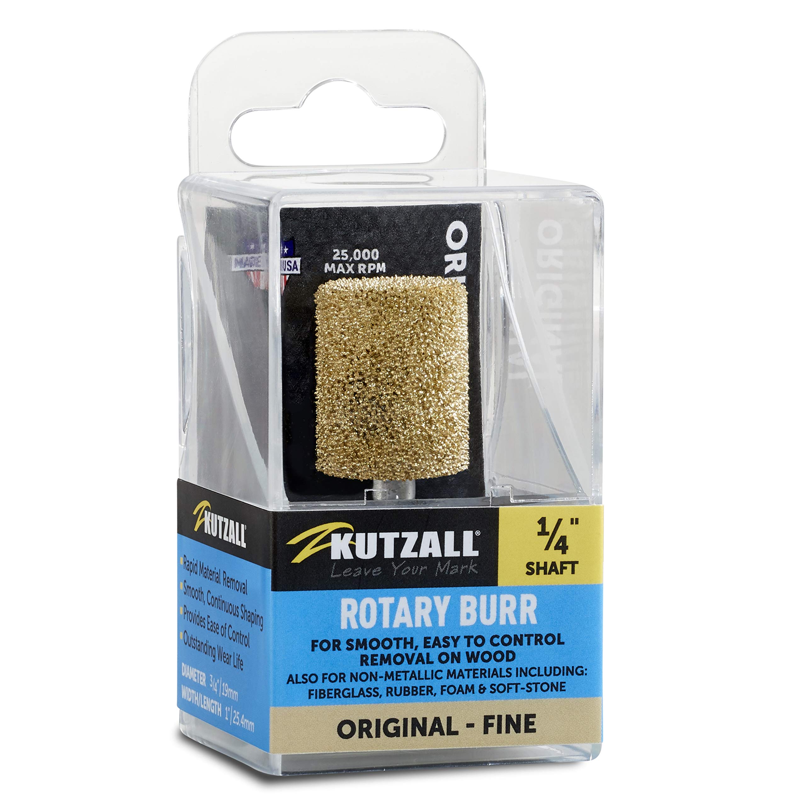 Kutzall Original Cylinder Rotary Burr, 1⁄4" Shaft, Fine - Woodworking Attachment for Bosch, DeWalt, Milwaukee, Makita. Abrasive Tungsten Carbide, 3⁄4" (19mm) Head Dia. X 1" (25.4mm) Length, C-34G