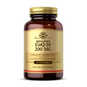 solgar megasorb coq-10 200 mg, 60 softgels - supports heart & brain function - coenzyme q10 supplement - enhanced absorption - gluten free, dairy free - 60 servings