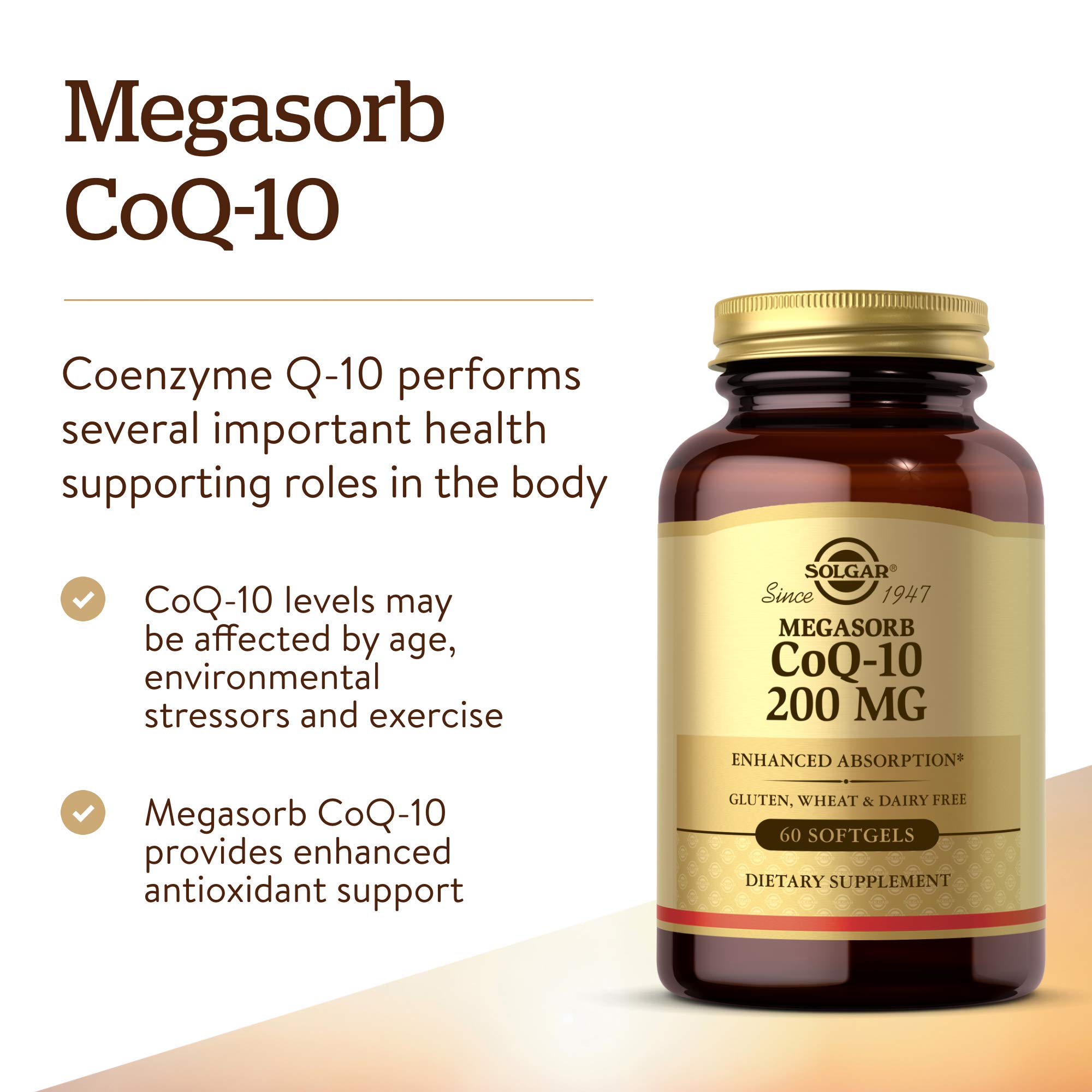 Solgar Megasorb CoQ-10 200 mg, 60 Softgels - Supports Heart & Brain Function - Coenzyme Q10 Supplement - Enhanced Absorption - Gluten Free, Dairy Free - 60 Servings