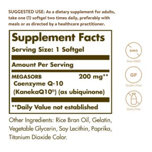 Solgar Megasorb CoQ-10 200 mg, 60 Softgels - Supports Heart & Brain Function - Coenzyme Q10 Supplement - Enhanced Absorption - Gluten Free, Dairy Free - 60 Servings