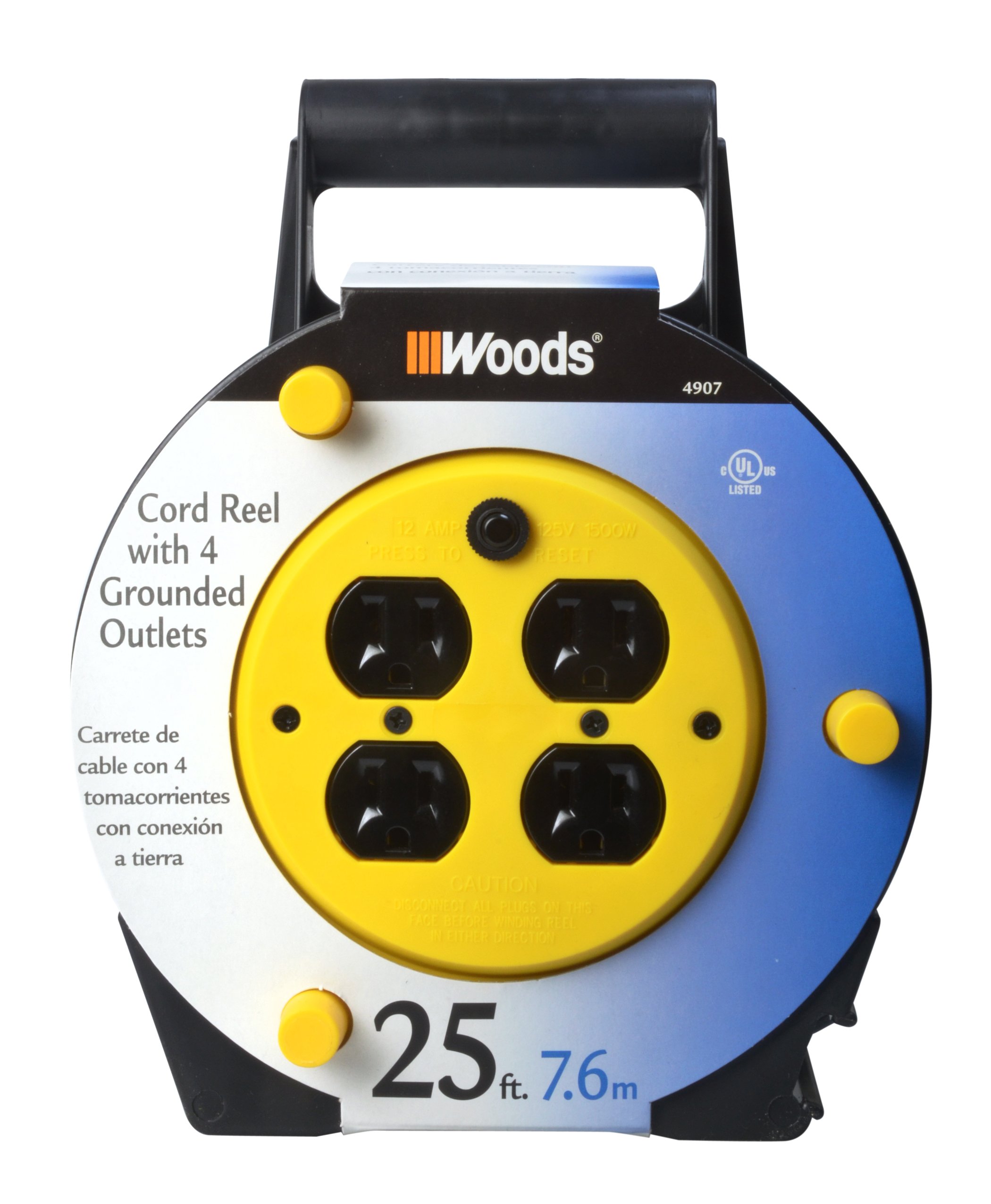 Woods 4907 Extension Cord Reel with 4-Outlets 16/3 SJTW and 12A Circuit Breaker; 25-Foot