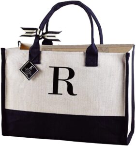 mud pie classic black and white initial canvas tote bags (r), 100% cotton, 17" x 19" x 2"