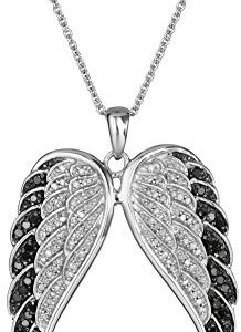 Amazon Essentials Sterling Silver Black and White Diamond Angel Wings Pendant Necklace (1/2 cttw), 18" (previously Amazon Collection)