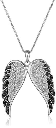 Amazon Essentials Sterling Silver Black and White Diamond Angel Wings Pendant Necklace (1/2 cttw), 18" (previously Amazon Collection)