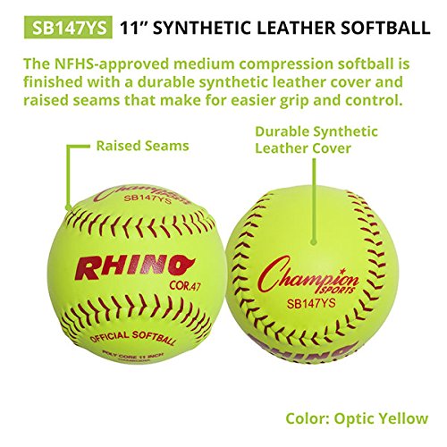 Champion Sports 11" Syntex Leather Cover Softballs - Poly Core - Medium Compression - NFHS Approved - Raised Seams - Optic Yellow - Pack of 12