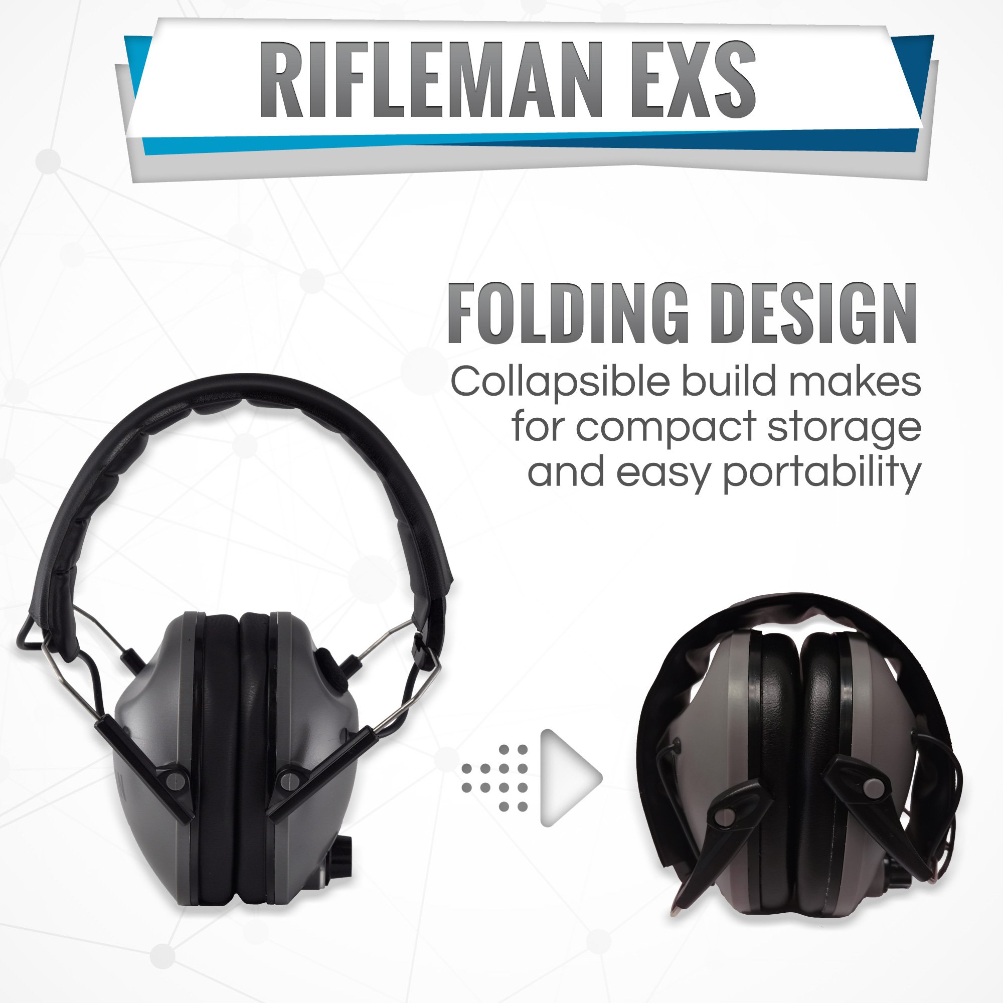 BenchMaster Rifleman EXS Electronic Hearing Protection for Shooting and Construction- Adjustable Folding Low Profile Design - NRR 20 - Ear Muffs