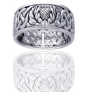 Scottish Thistle and Celtic Knot Wedding Band 11mm Wide Sterling Silver Ring Size 14(Sizes 3,4,5,6,7,8,9,10,11,12,13,14,15)