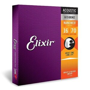 elixir strings, acoustic guitar strings, 80/20 bronze with nanoweb coating, longest-lasting bright and focused tone with comfortable feel, 8-string baritone 16-70