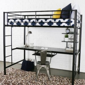 Walker Edison Timothee Urban Industrial Twin over Workspace Metal Bunk Bed, Twin Size, Black