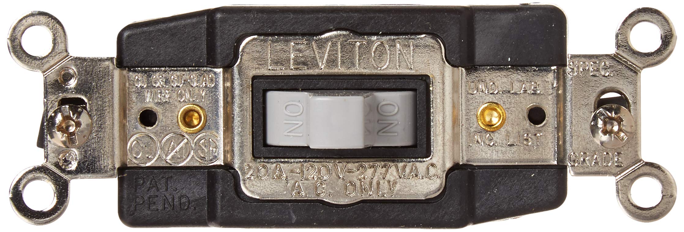 Leviton 1257-GY 20 Amp, 120/277 Volt, Toggle, Double Throw, Center Off, Momentary Contact, Single-Pole AC Quiet Switch, Industrial Grade, Grounding, Gray