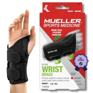 mueller sports medicine green fitted wrist brace, wrist pain relief support for men and women, ideal for carpal tunnel, tendinitis, arthritis, right hand, black, large/x-large