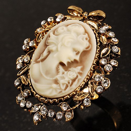 Avalaya Vintage Filigree Cameo CZ Ring (Burnised Gold Tone)