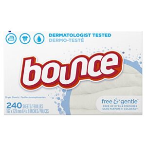 bounce free & gentle dryer sheets, 240 sheets, unscented fabric softener sheets, hypoallergenic and dermatologist tested