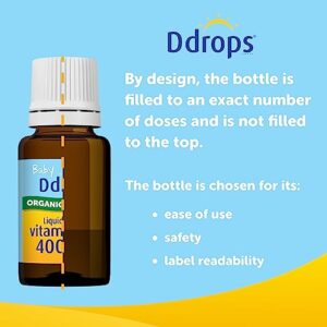 Ddrops Organic Baby 400 IU 90 Drops - Daily Vitamin D Liquid for Infants. Supports Teeth & Bone Health. No Preservatives, No Sugar, Non-GMO, Allergy-Friendly