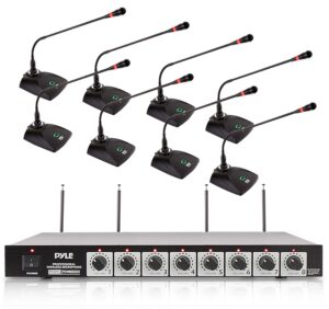 pyle 8 channel wireless microphone system - portable vhf cordless audio mic set with 1/4" and xlr output, dual antenna, - includes 8 table top mics, rack mountable receiver base - pyle pdwm8300,black