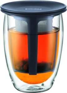 bodum 12-ounce tea for one, double wall glass with strainer, black