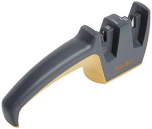 smith's 50090 pull-thru knife sharpener - grey - coarse & fine sharpeners - non-slip rubber base – straight & serrated blades – pocket, hunting, sport knives