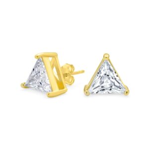 triangle shape cubic zirconia aaa cz trillion cut stud earrings for men women yellow gold plated .925 sterling silver 3 prong set 6 mm