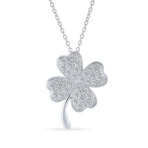 irish shamrock lucky charm pave cz four leaf clover pendant necklace for women for teen .925 sterling silver