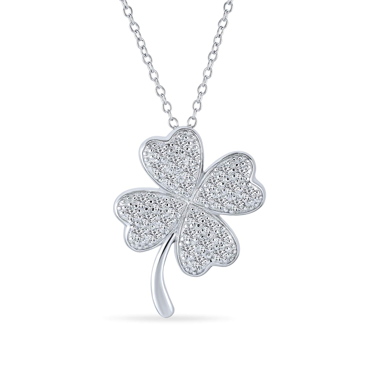 Irish Shamrock Lucky Charm Pave CZ Four Leaf Clover Pendant Necklace For Women For Teen .925 Sterling Silver