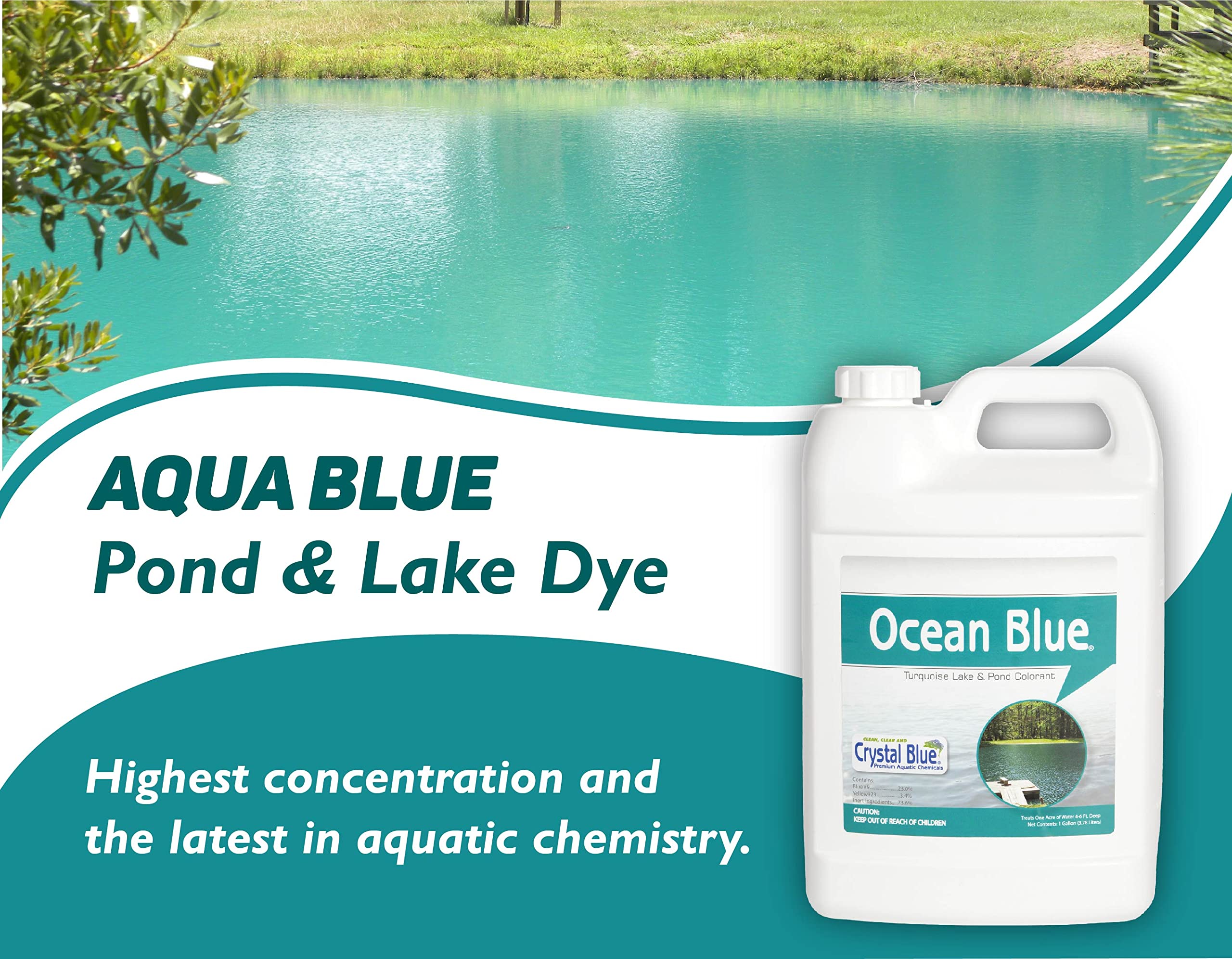 Crystal Blue Ocean Blue Pond Dye - 1 Gallon - Aqua Blue Color Treats up to 1 Acre - Clean, Clear & Aqua Blue Water - Environmentally Friendly Pond Dye