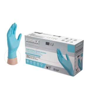 ammex blue nitrile disposable exam gloves, 3 mil, latex & powder free, food-safe, textured, non-sterile, medium, box of 100