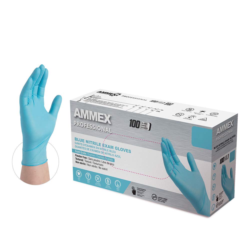 AMMEX Blue Nitrile Disposable Exam Gloves, 3 Mil, Latex & Powder Free, Food-Safe, Textured, Non-Sterile, Medium, Box of 100