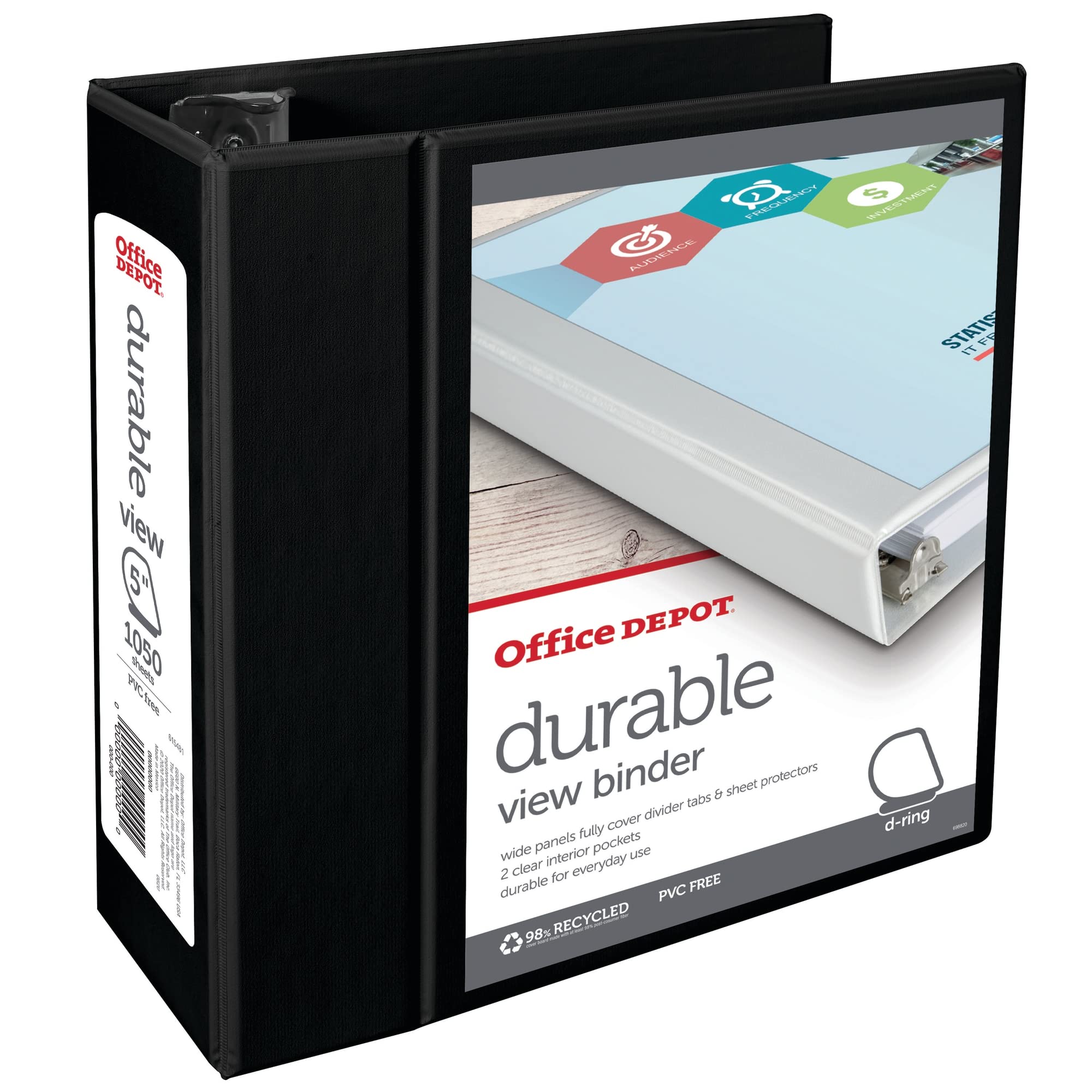 Office Depot® Brand Durable View D-Ring Binder, 5" Rings, 39% Recycled, Black