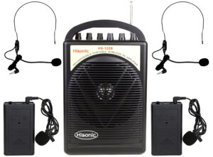 hisonic hs122b-ll portable lithium battery rechargeable pa (public address) system with dual wireless microphone system and car charger cable, black (2 belt-packs, black)