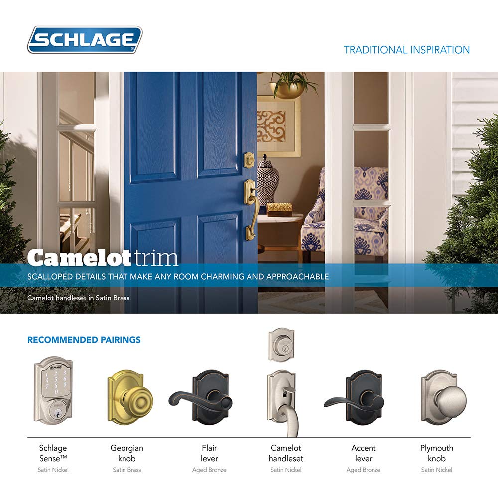 SCHLAGE F62-CAM-PLY Double Cylinder Handleset with Plymouth Interior Knob from The F-Series Camelot Collection - Aged Bronze