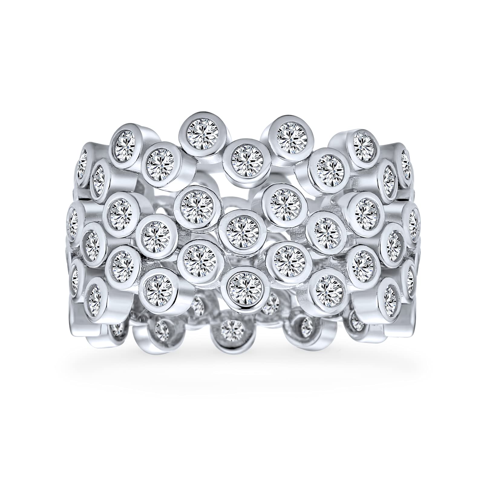 Geometric Circle Cubic Zirconia Wide Bezel CZ Bubble Stackable Eternity Band Ring Set For Women .925 Sterling Silver