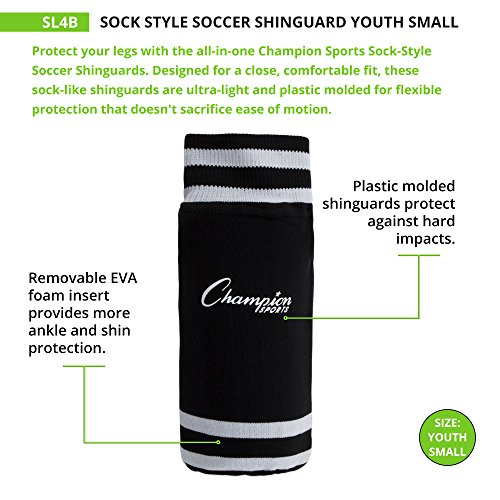 Champion Sports SL4B Youth Sock Style Soccer Shin Guards - Ages 4-6, Black, Small