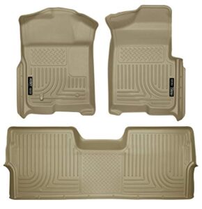 husky liners weatherbeater floor mats | fits 2009 - 2014 ford f-150 supercrew cab without manual shifter (footwell coverage) | front & 2nd row, 3-pc tan - 98333