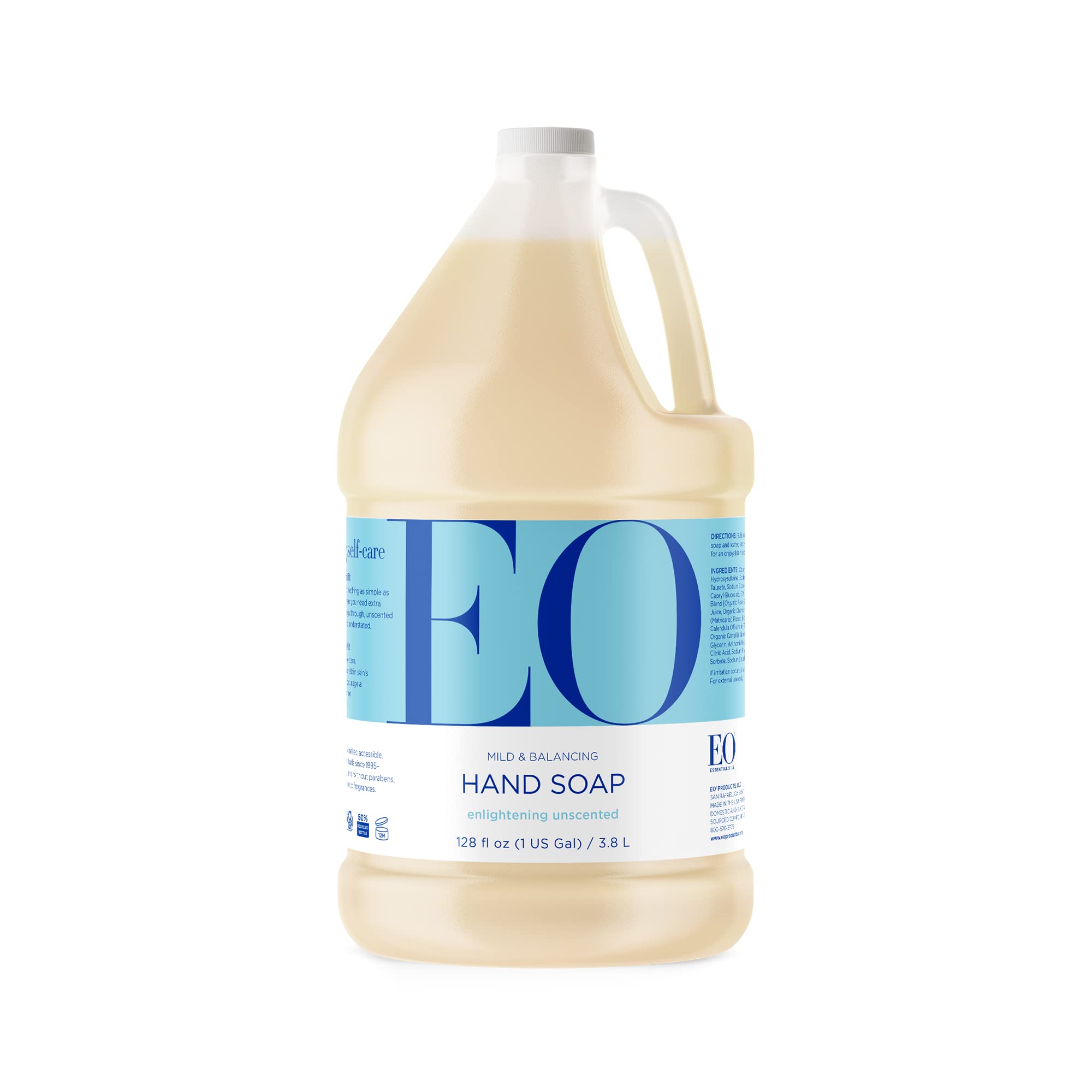 EO Liquid Hand Soap Refill, 1 Gallon, Unscented, Organic Plant-Based Gentle Cleanser with Pure Essential Oils