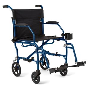 medline ultra lightweight transport wheelchair for adults, foldable, 19-inch seat width, blue frame, black upholstery