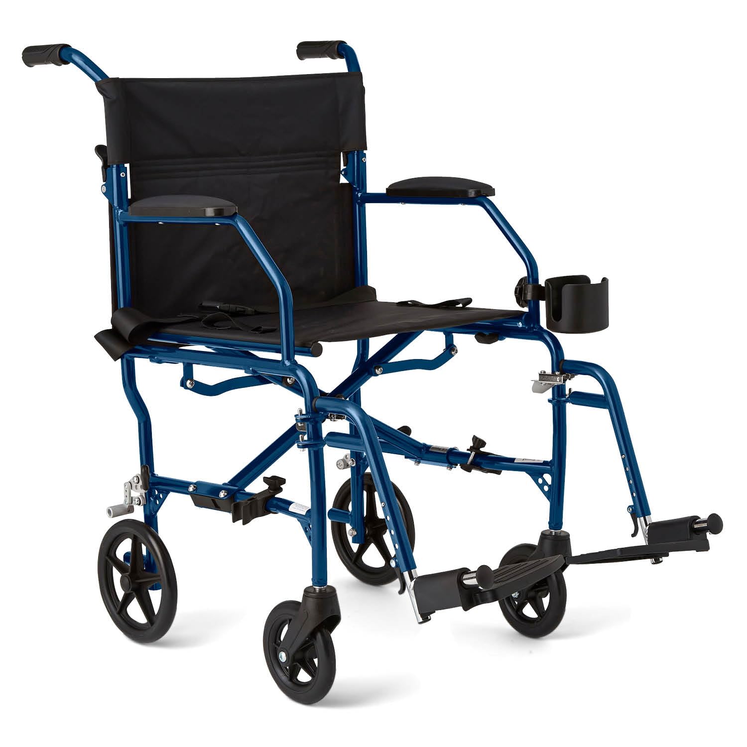 Medline Ultra Lightweight Transport Wheelchair for Adults, Foldable, 19-Inch Seat Width, Blue Frame, Black Upholstery