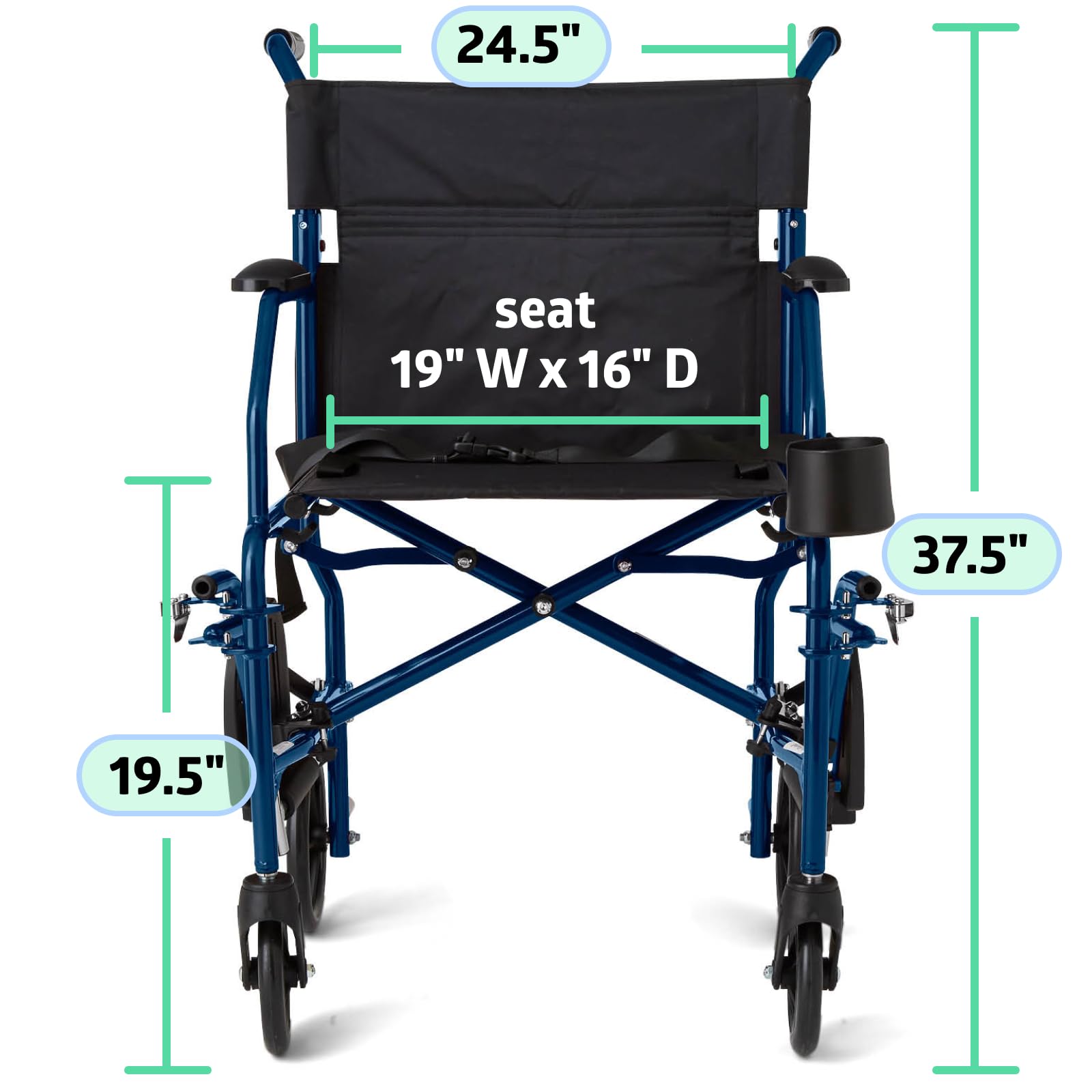 Medline Ultra Lightweight Transport Wheelchair for Adults, Foldable, 19-Inch Seat Width, Blue Frame, Black Upholstery