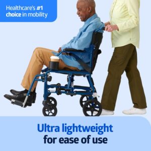 Medline Ultra Lightweight Transport Wheelchair for Adults, Foldable, 19-Inch Seat Width, Blue Frame, Black Upholstery