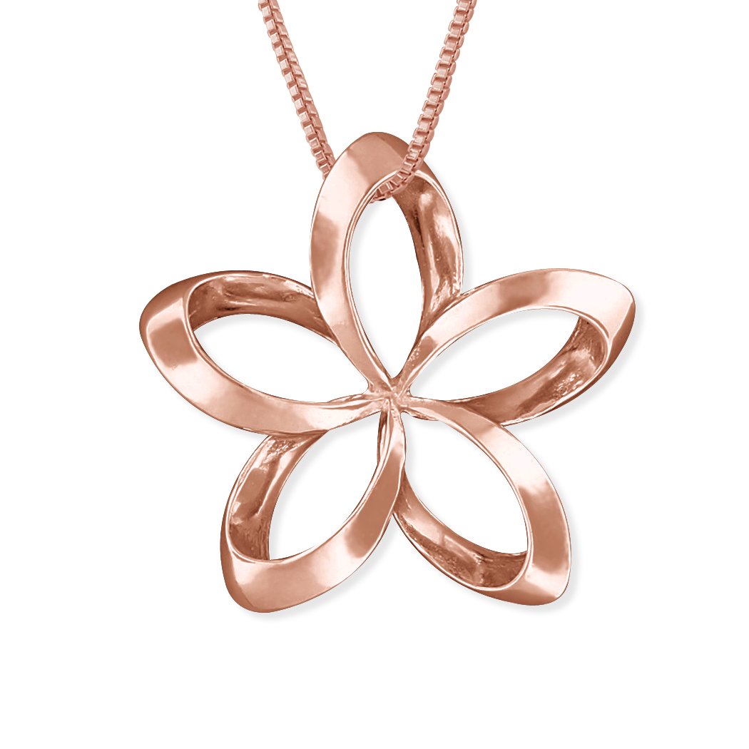 Sterling Silver with Rose Gold Tone Overlay 24mm Open Plumeria Pendant Necklace, 16+2" Extender