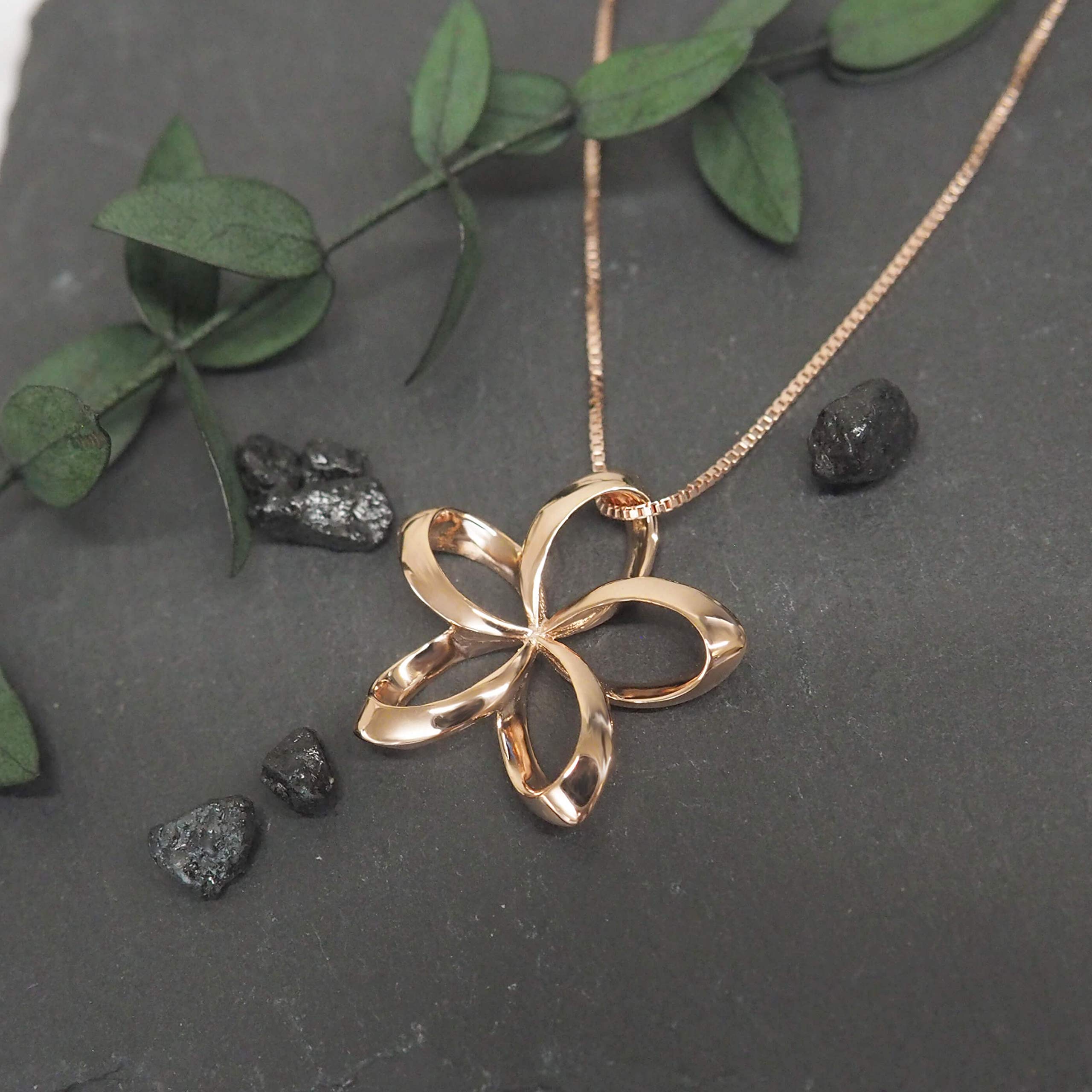 Sterling Silver with Rose Gold Tone Overlay 24mm Open Plumeria Pendant Necklace, 16+2" Extender