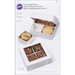 wilton treat sampler boxes, perfect for sharing homemade desserts, cookies and snacks as a gift, each box has 4-compartments, includes 3-boxes, white