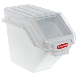 rubbermaid commercial products prosave shelf food ingredient bin with scoop, 100-cup, white, kitchen food storage sugar/grains/rice/baking supplies