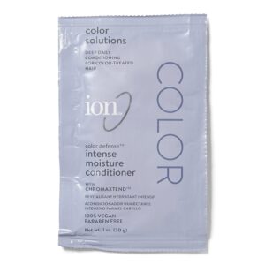 ion color defense intense moisture conditioner packette, vegan, paraben free, sulfate free, protects, hydrates, color safe