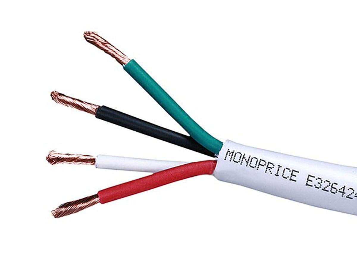 Monoprice Access Series 16 Gauge AWG CL2 Rated 4 Conductor Speaker Wire/ Cable - 250ft Fire Safety In Wall Rated, Jacketed In White PVC material 99.9% Oxygen-Free Pure Bare Copper