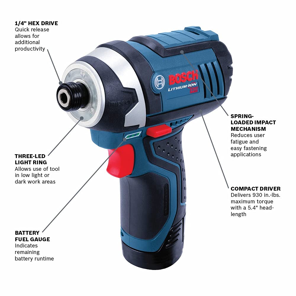 BOSCH PS41-2A 12V Max 1/4-Inch Hex Impact Driver Kit with 2 Batteries, Charger and Case,Blue