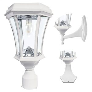 gama sonic solar outdoor post light, victorian bulb, white aluminum, 1-light with 3 mounting options, 3-inch fitter for lamp posts, flat mount for column lights and wall sconce mount (94b233)