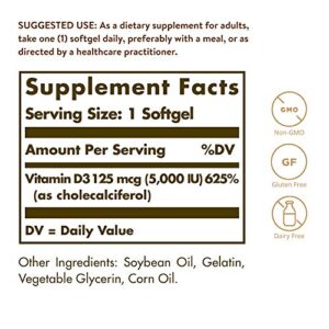 Solgar Vitamin D3 (Cholecalciferol) 125 mcg (5000 IU), 100 Softgels - Helps Maintain Healthy Bones & Teeth - Immune System Support - Non-GMO, Gluten Free, Dairy Free - 100 Servings