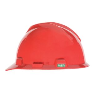 msa 463947 v-gard cap style safety hard hat with staz-on pinlock suspension | polyethylene shell, superior impact protection, self adjusting crown-straps - standard size in red