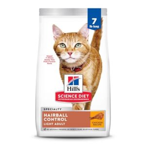 hill's science diet hairball control light, adult 1-6, weight management & hairball control support, dry cat food, chicken recipe, 7 lb bag