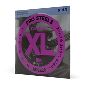 d'addario guitar strings - prosteels electric guitar strings - round wound - brighter, crunchier, increased sustain - eps520 - super light, 9-42